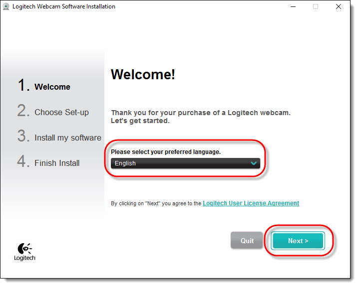 Install the Logitech camera software and hardware